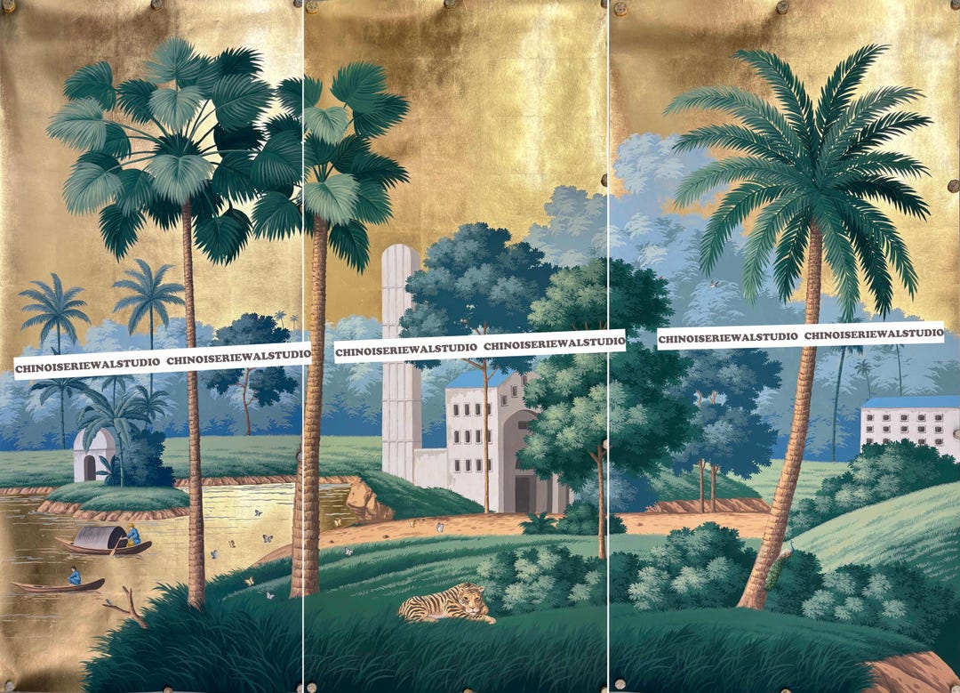 Panoramic Murals Hand Painted Wallpapers on Gold Leaf | Entryway Decor ...