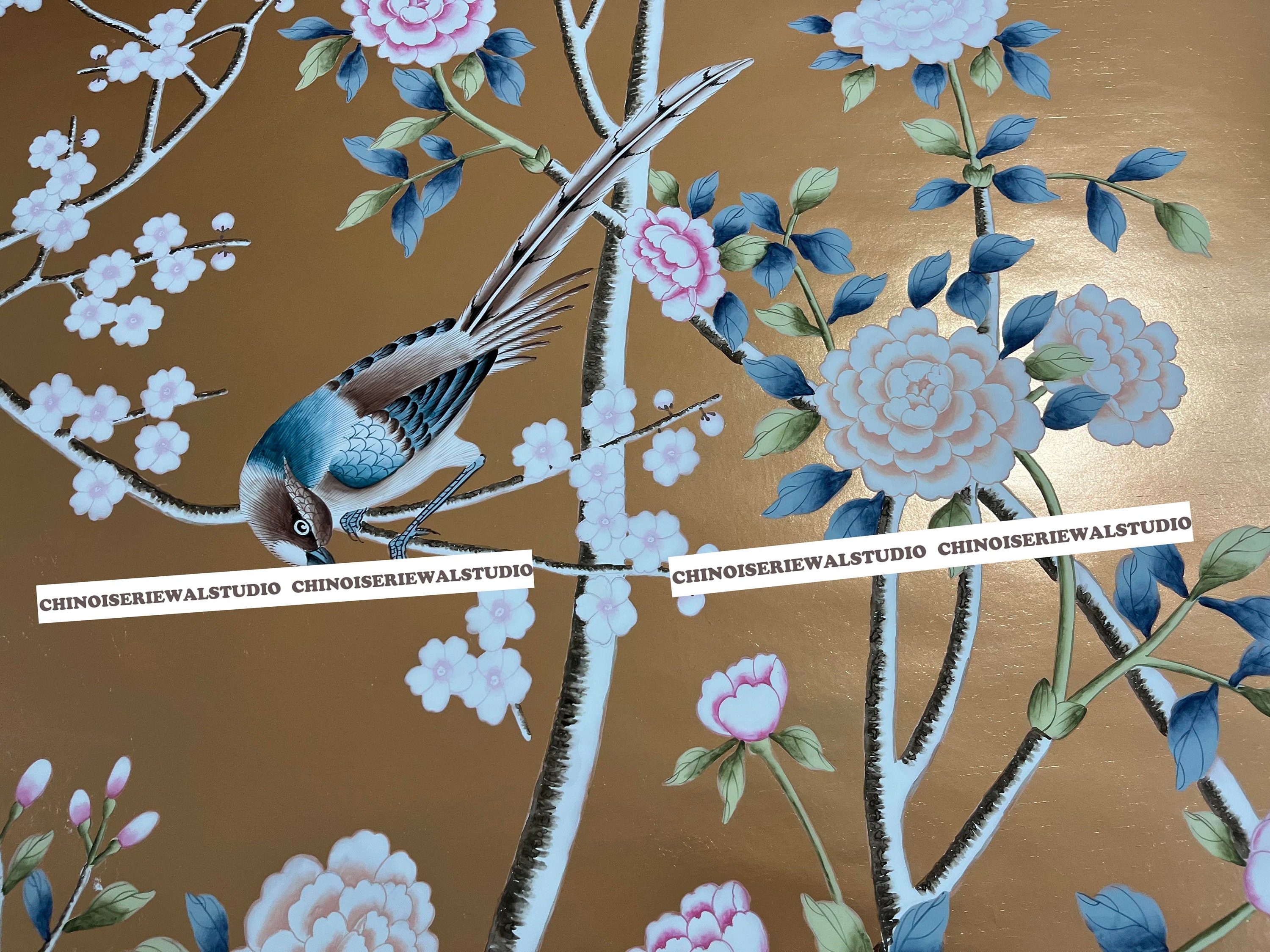 Chinoiserie Hand Painted Wallpapers on Gold Metallic 36"x96"/panel ...