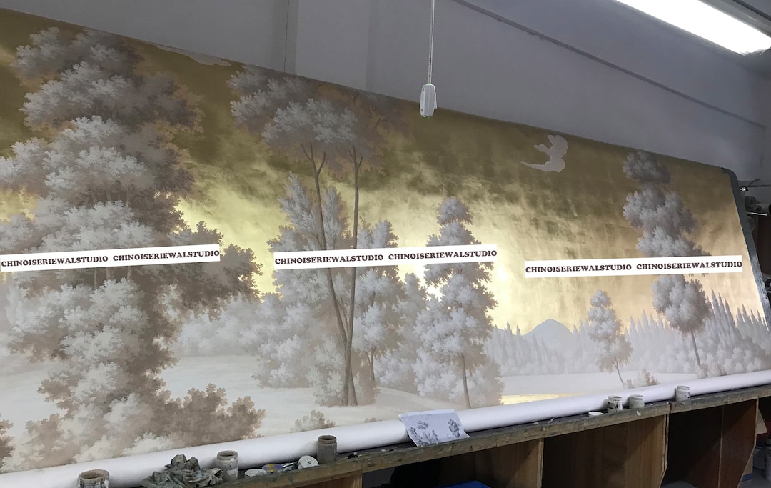 Panoramic Murals Hand Painted Landscape Wallpapers on Gold Metallic 36 ...