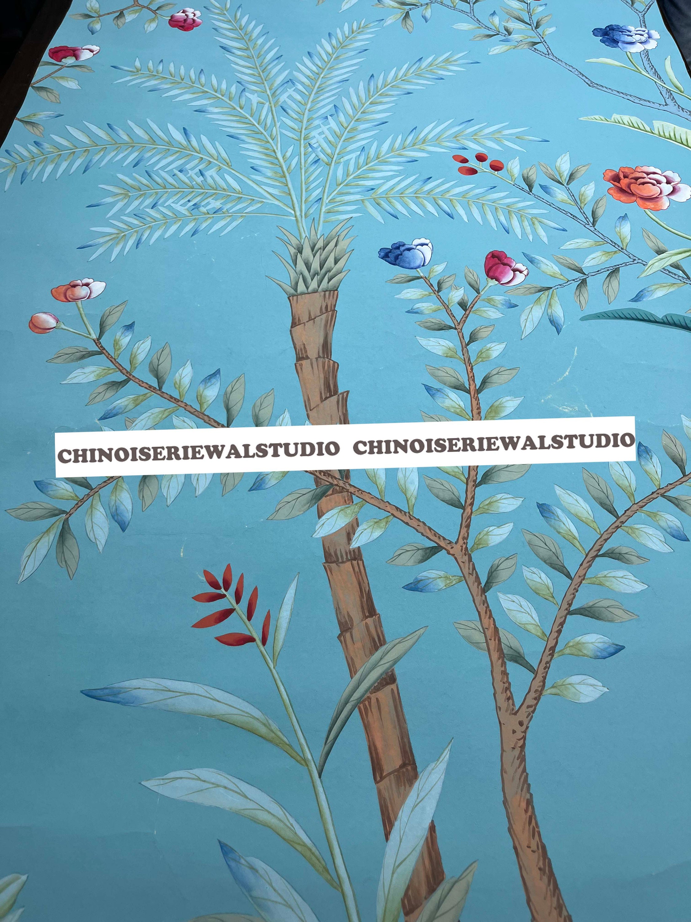 Palm Tree Chinoiserie Panel Hand Painted Wallpaper on Blue EDO XUAN ...