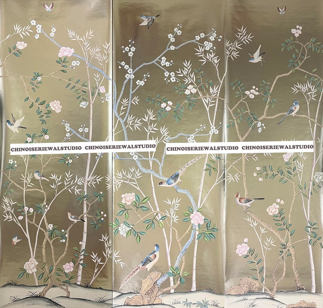 Chinoiserie Mural Hand Painted Wallpapers on Champagne Leaf - Etsy