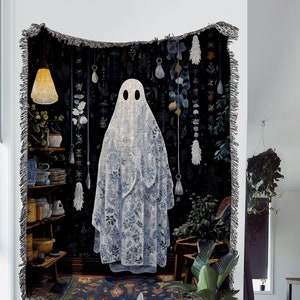 Elegant Ghost Throw Blanket: Floral Spooky Season Woven Tapestry, Dark ...