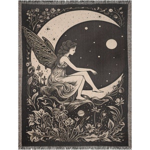 Fairy Resting by Moon Woven Throw Blanket: Vintage Floral Moon Woven ...