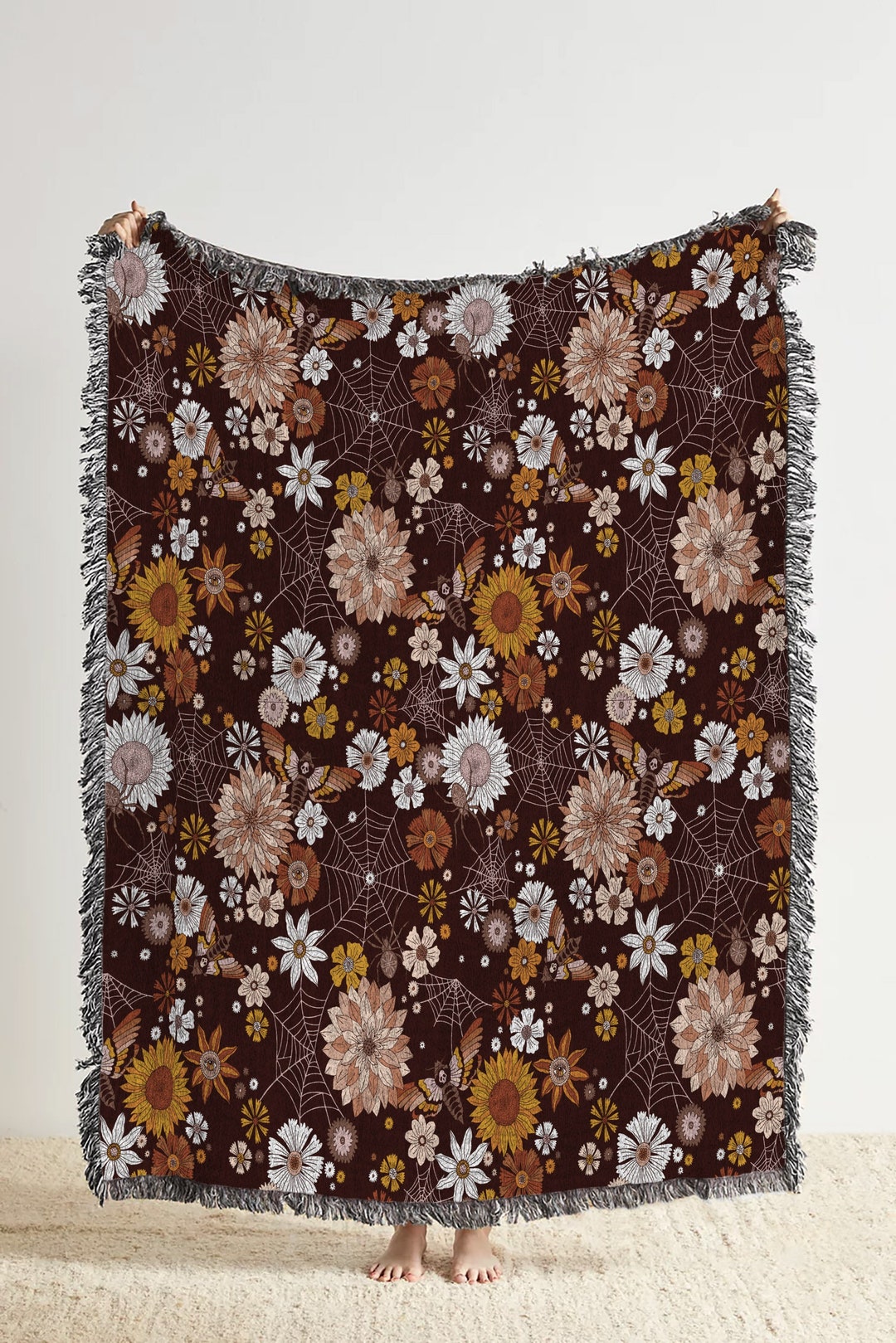 Autumn Spider Web Throw Blanket: Brown Fall Floral Woven Tapestry ...