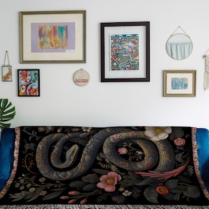Floral Snake Woven Throw Blanket: Dark Botanical Snake Woven Tapestry ...