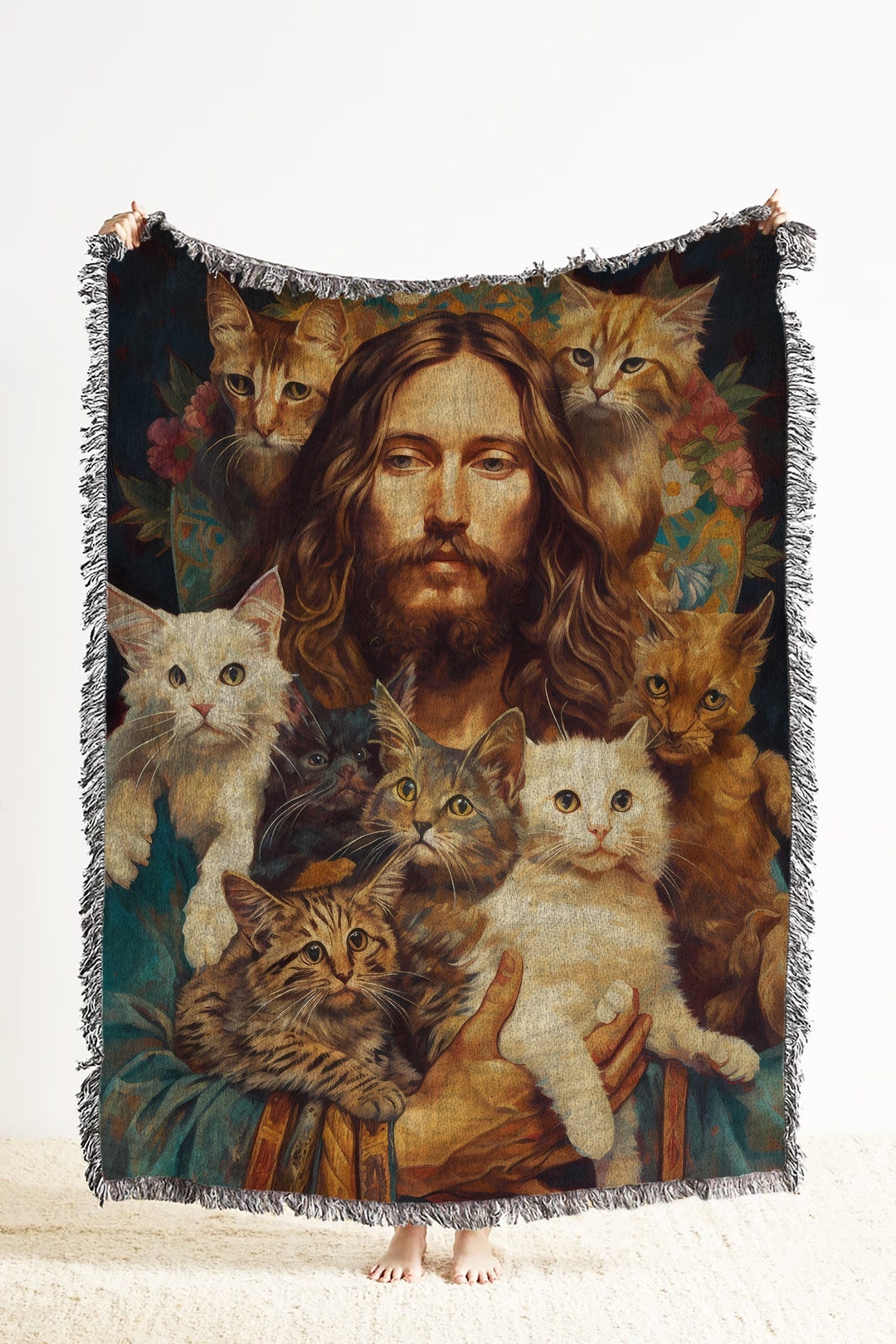 Hippie Jesus Holding Cats Woven Throw Blanket: Cat Lovers Woven ...