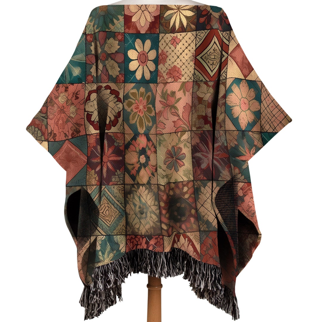 Faux Patchwork Woven Poncho, Cotton Poncho for Women | Vintage Inspired ...