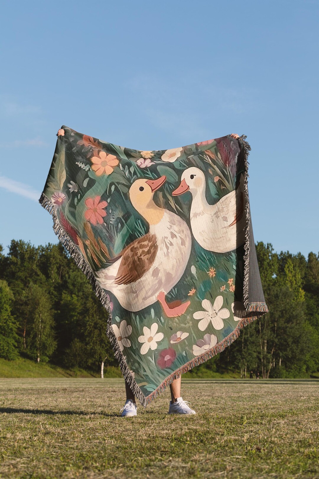 Adorable Ducks in Floral Landscape Blanket Whimsical Botanical Tapestry ...