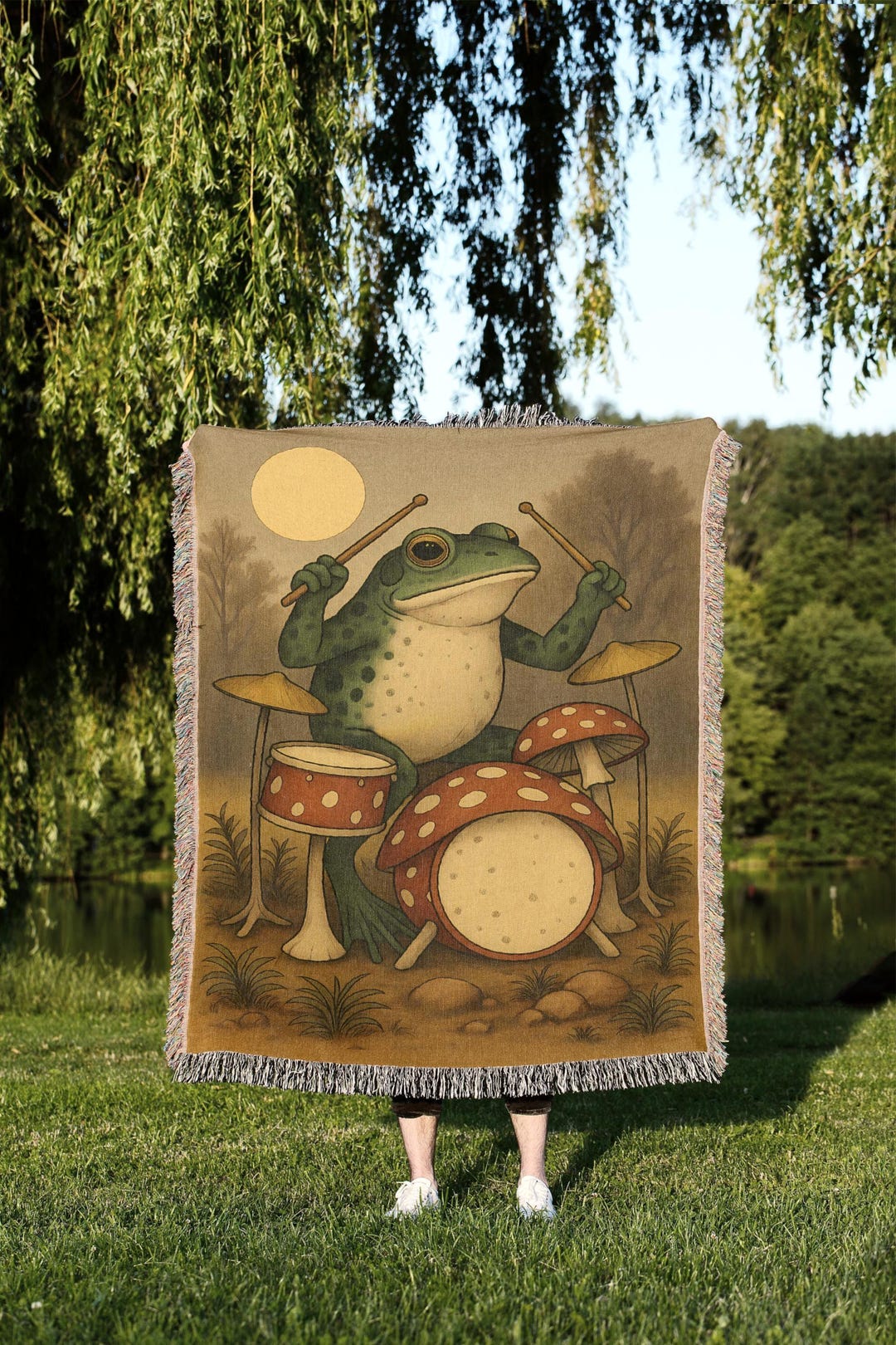 Whimsical Frog Playing Drums Tapestry Blanket – Toad Musician With ...
