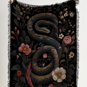 Floral Snake Woven Throw Blanket: Dark Botanical Snake Woven Tapestry ...