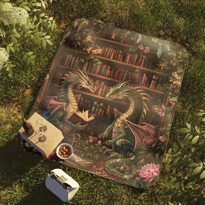 Dragons Reading Books Throw Blanket: Vintage Library Fairycore Tapestry ...