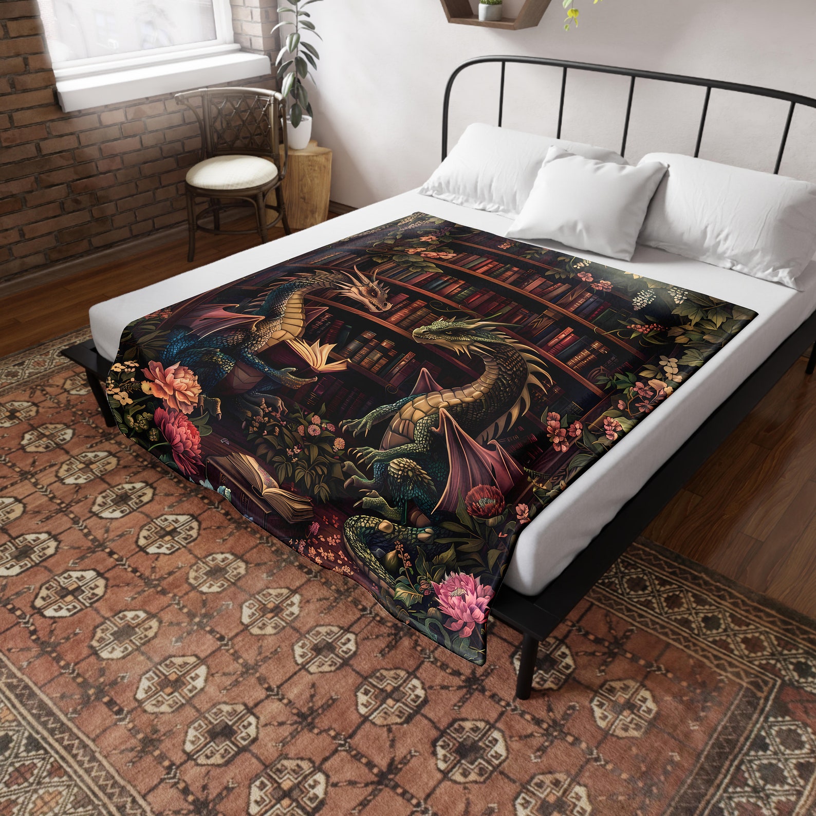 Dragons Reading Books Throw Blanket: Vintage Library Fairycore Tapestry ...