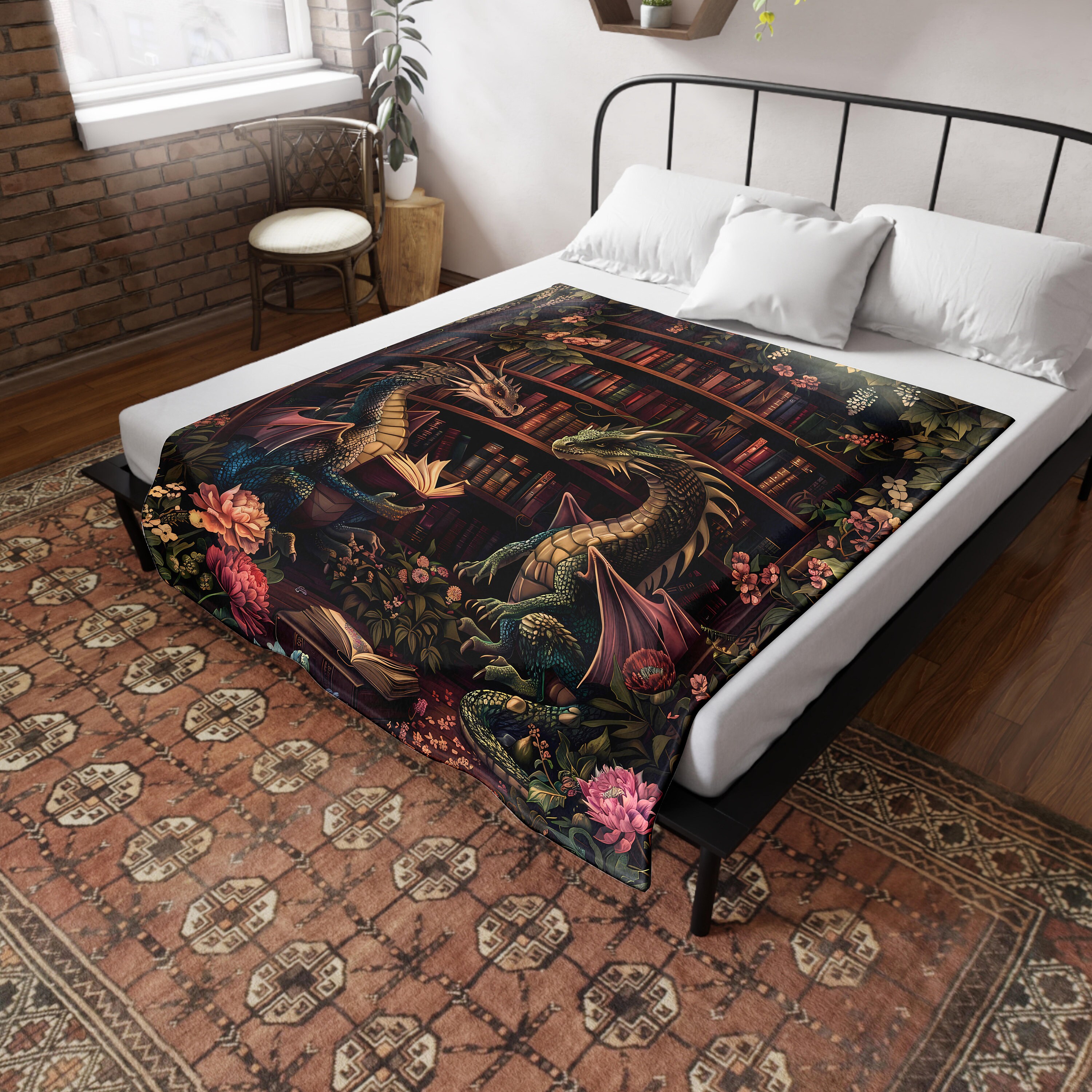 Dragons Reading Books Throw Blanket: Vintage Library Fairycore Tapestry ...