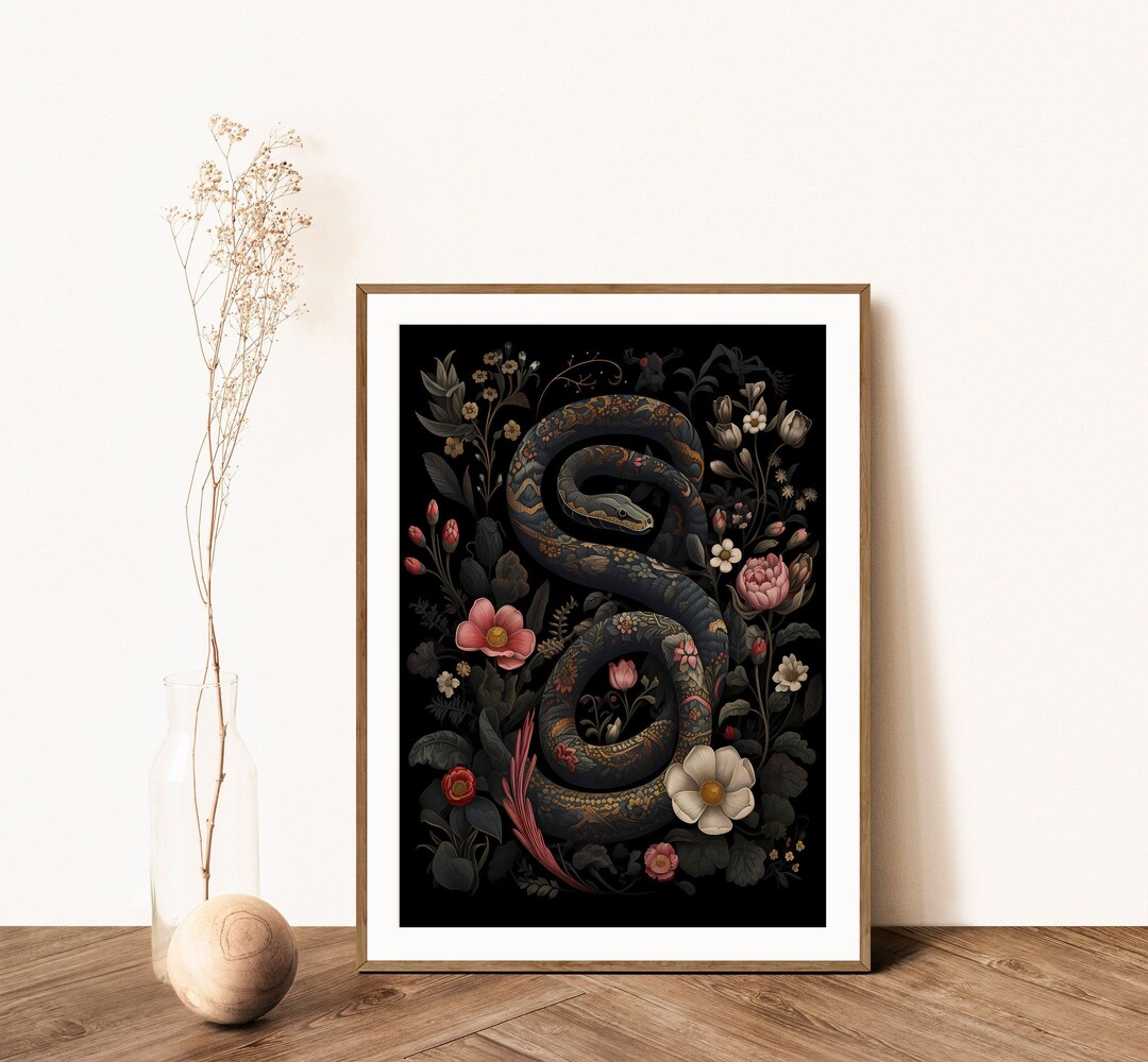 Bohemian Snake Art Print - Moody Floral Vertical Poster and Dark ...