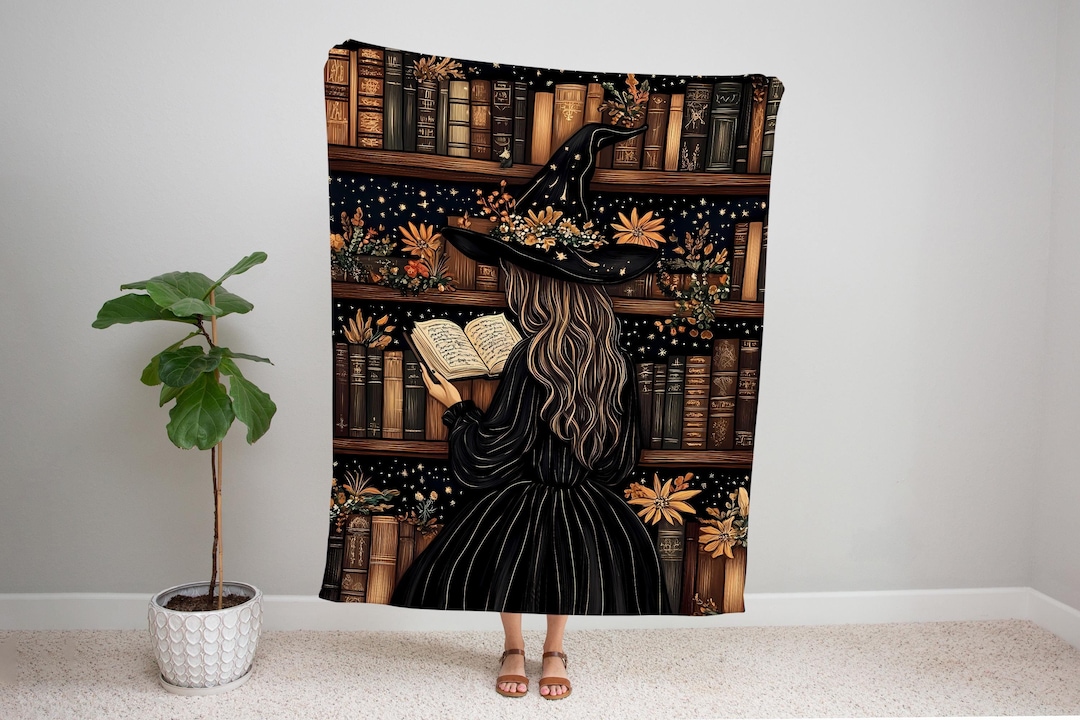 Starry Night Witch Blanket | Magical Witch Reading Book in Library ...
