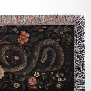 Floral Snake Woven Throw Blanket: Dark Botanical Snake Woven Tapestry ...