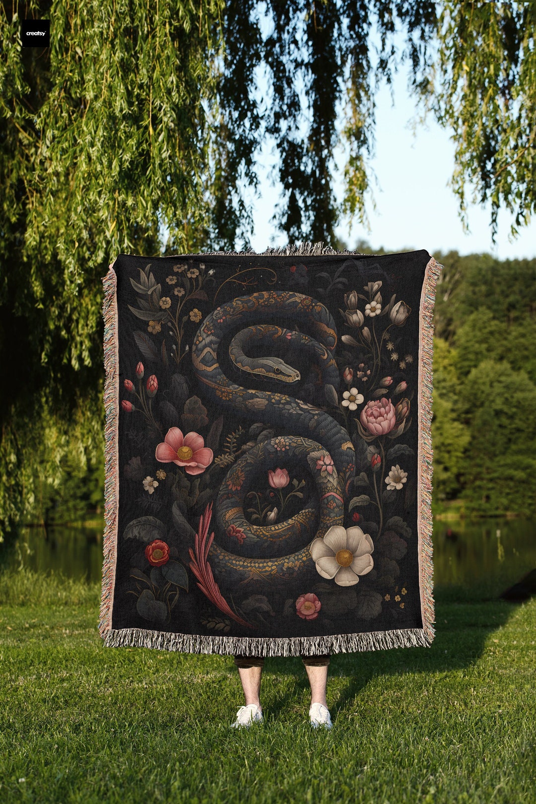 Floral Snake Woven Throw Blanket: Dark Botanical Snake Woven Tapestry ...