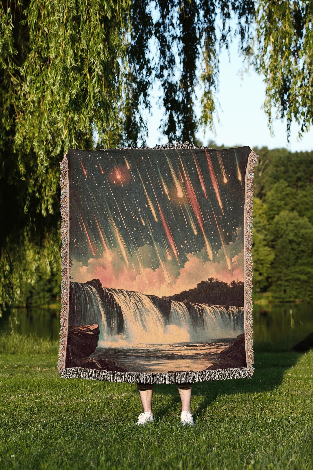 Vintage Meteor Shower Woven Blanket | Celestial Space Art Tapestry ...