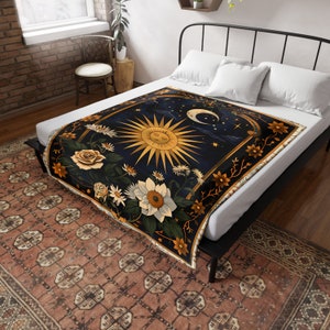 Boho Sun and Moon Blanket | Mystical Starry Night Tapestry, Floral ...