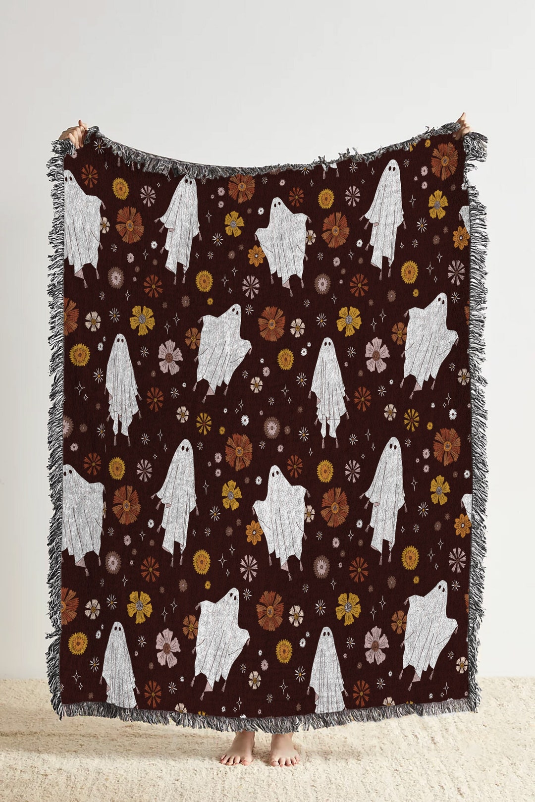 Groovy Ghost Throw Blanket: Boho Spooky Season Woven Tapestry, Retro ...