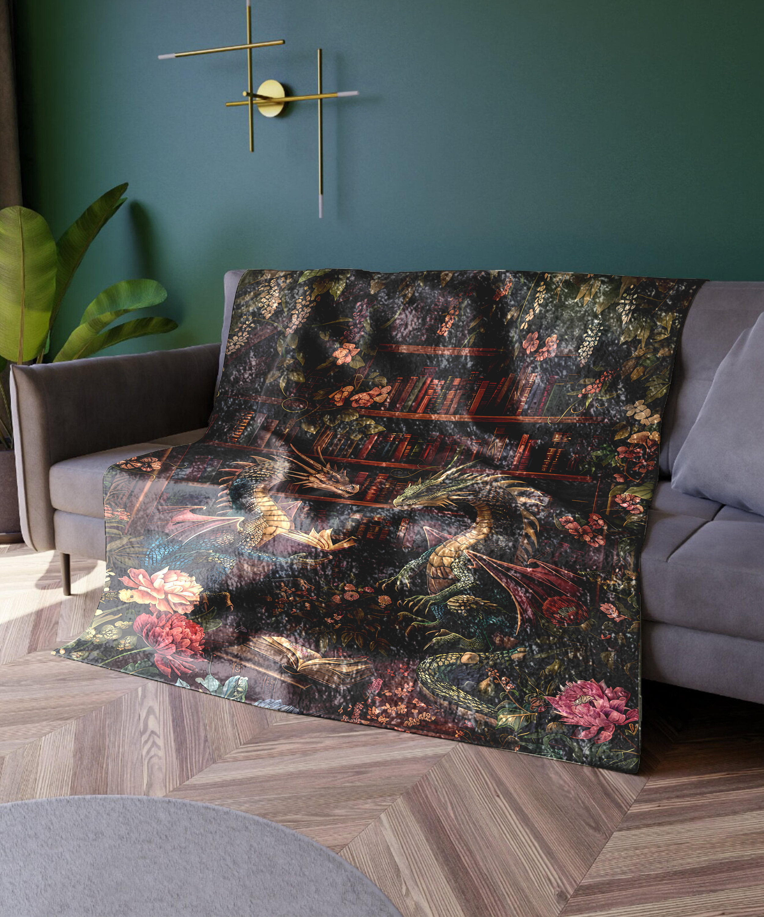 Dragons Reading Books Throw Blanket: Vintage Library Fairycore Tapestry ...