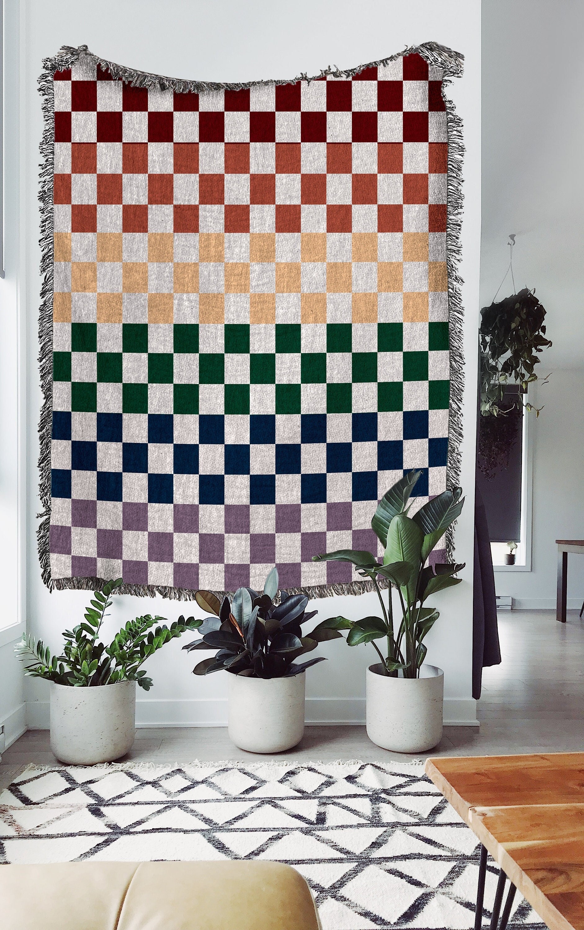 Retro Rainbow Checkered Woven Throw Blanket | 70s Tapestry Hippie Room ...