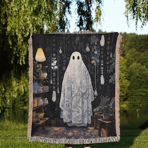 Elegant Ghost Throw Blanket: Floral Spooky Season Woven Tapestry, Dark ...