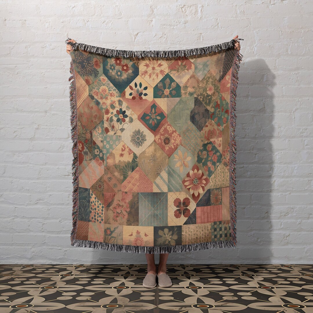 Faux Farmhouse Quilt Throw Blanket: Rustic Patchwork Woven Tapestry ...