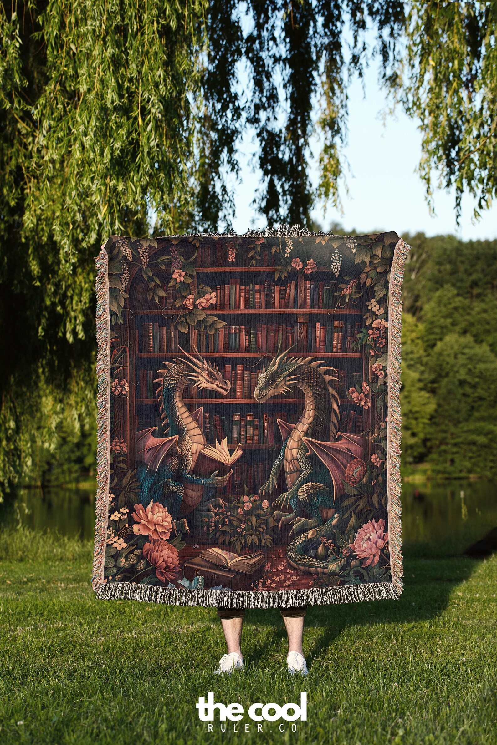 Dragons Reading Books Throw Blanket: Vintage Library Fairycore Tapestry ...
