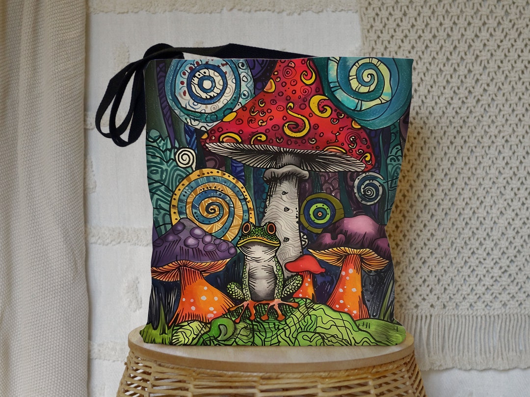 Trippy Frog Tote Bag: Psychedelic Mushroom Scene, Bohemian Style - Etsy