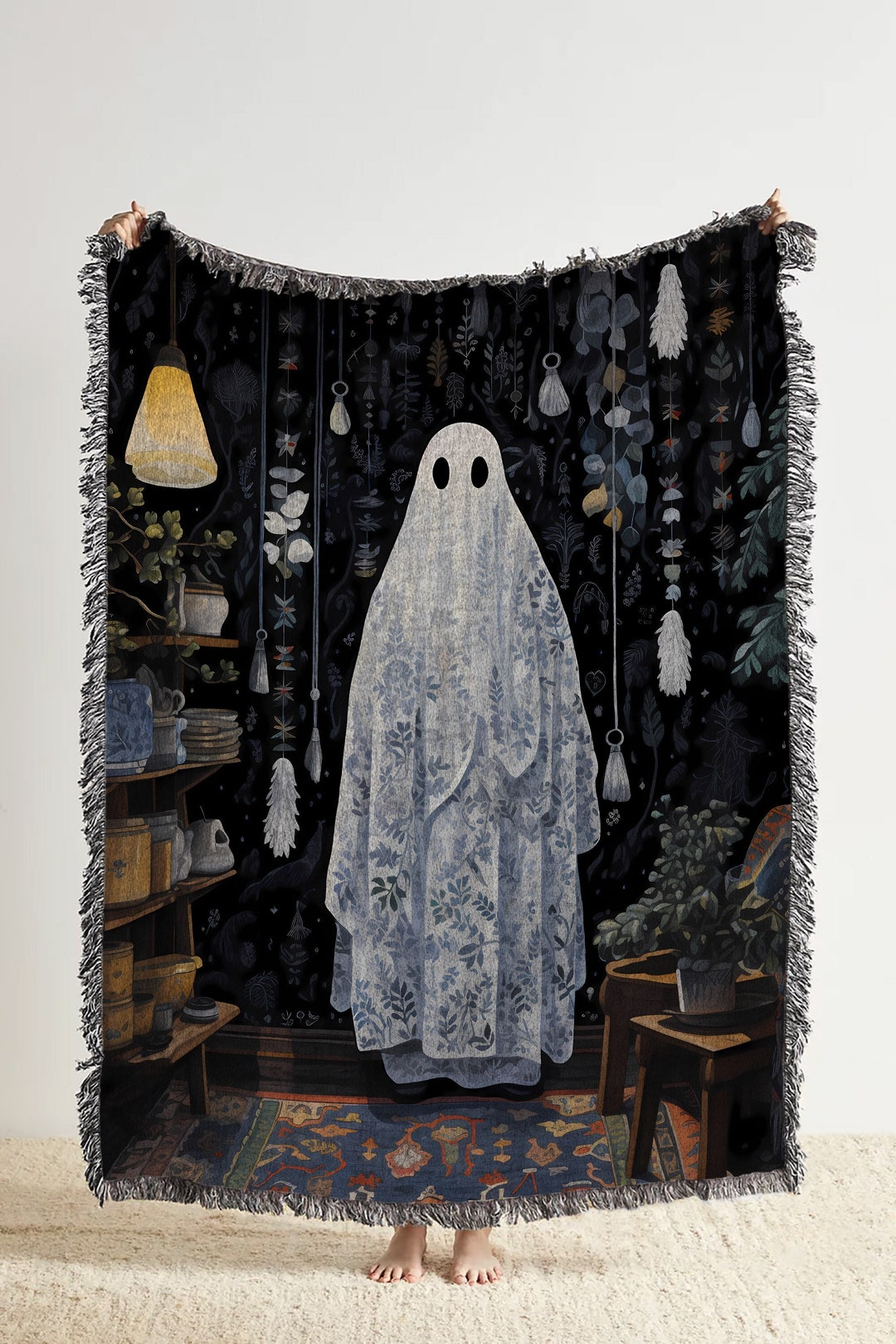 Elegant Ghost Throw Blanket: Floral Spooky Season Woven Tapestry, Dark ...