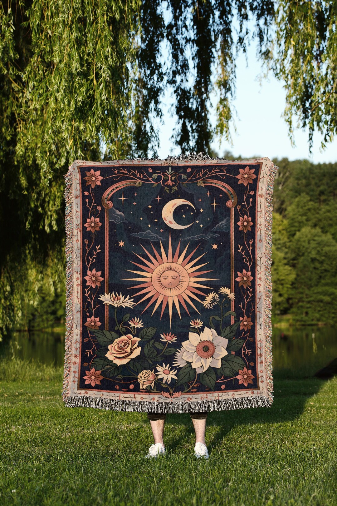 Boho Sun and Moon Blanket | Mystical Starry Night Tapestry, Floral ...