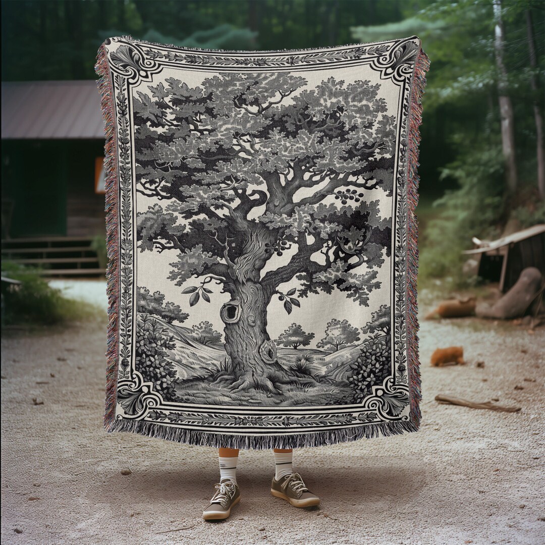Vintage Woodcut Tree Blanket | Tree of Life Blanket Tapestry and ...