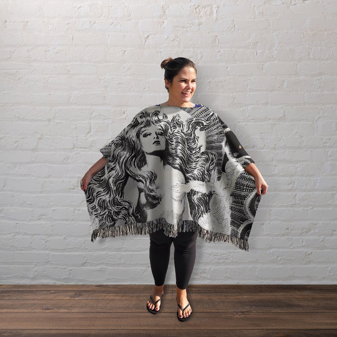 Retro Goddess Woven Poncho, Vintage Sci Fi Sweater for Women, Sorceress ...