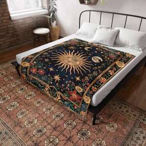 Celestial Sun and Moon Woven Throw Blanket | Starry Night Floral Cosmic ...