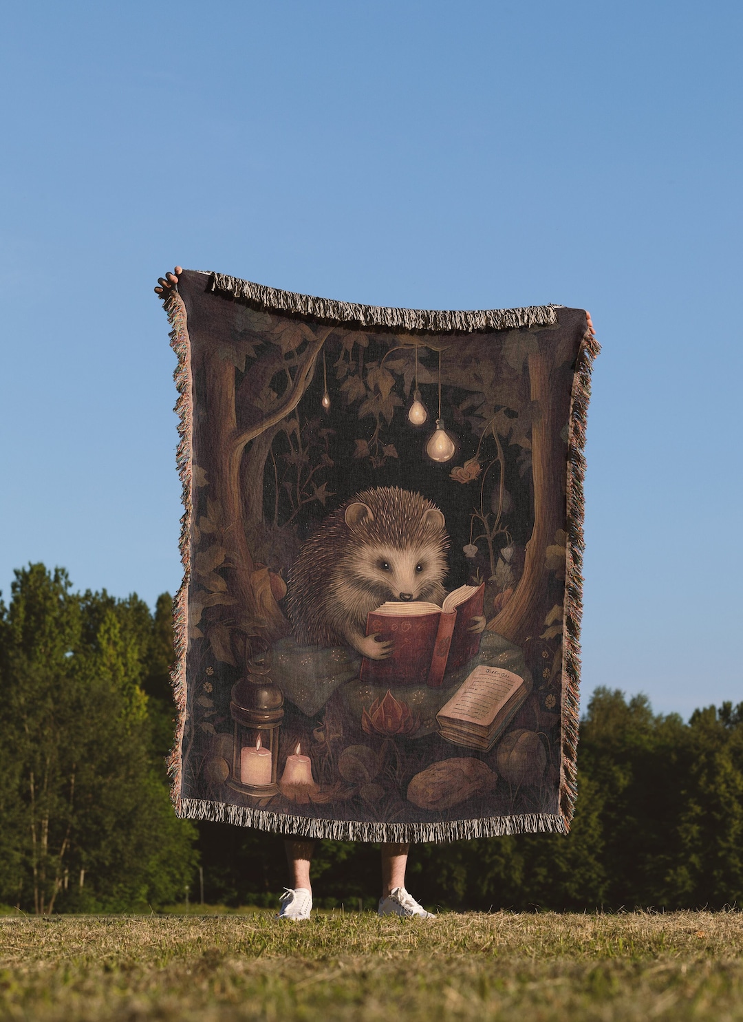 Hedgehog Reading Throw Blanket: Whimsical Forest Woven Tapestry, Cute ...