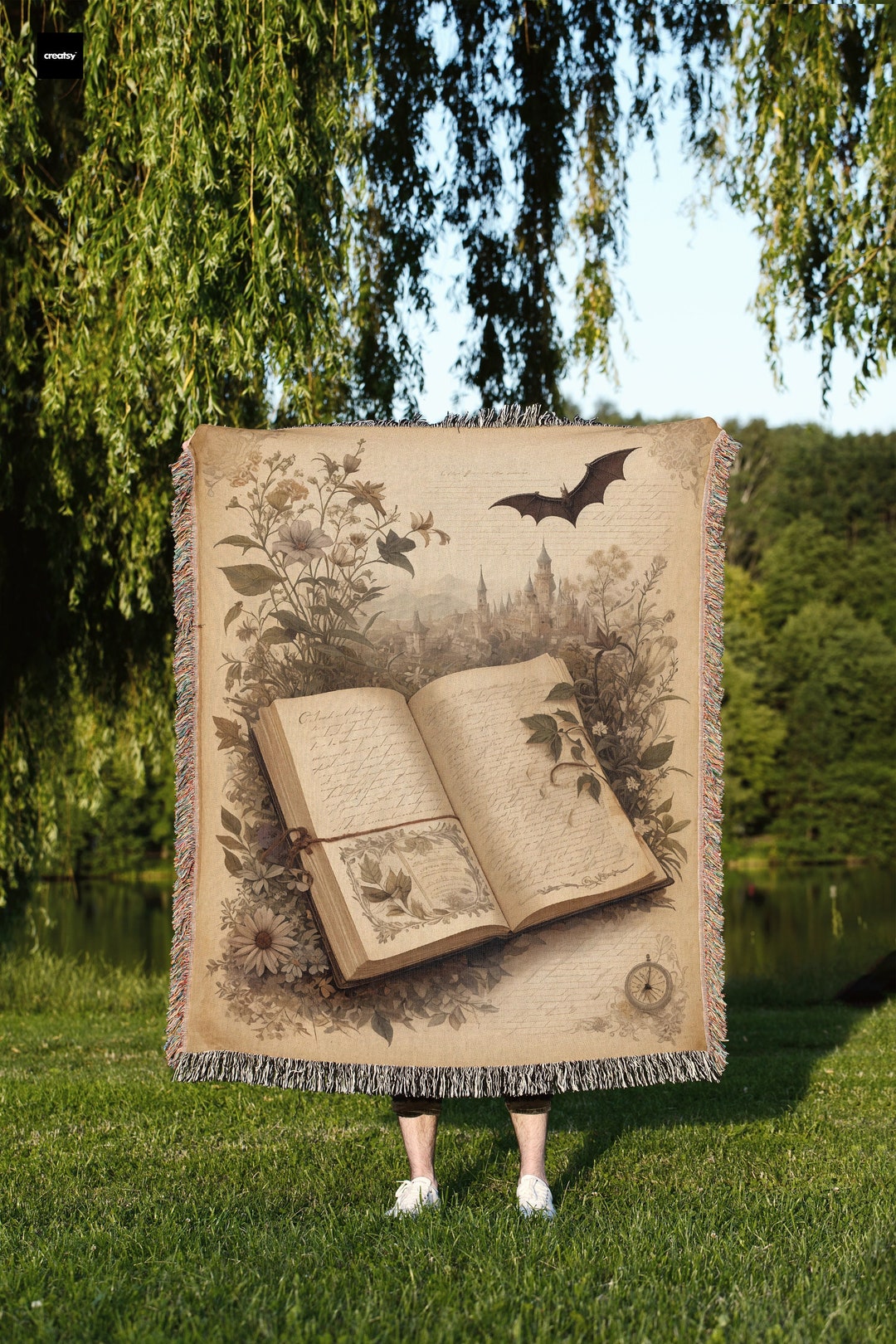 Vintage Book Throw Blanket: Minimalist Floral Bat Woven Tapestry and ...