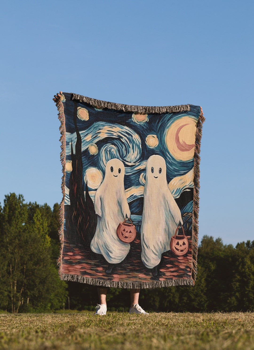 Two Van Ghosts Throw Blanket: Cute Ghost Art Woven Tapestry, Indoor ...