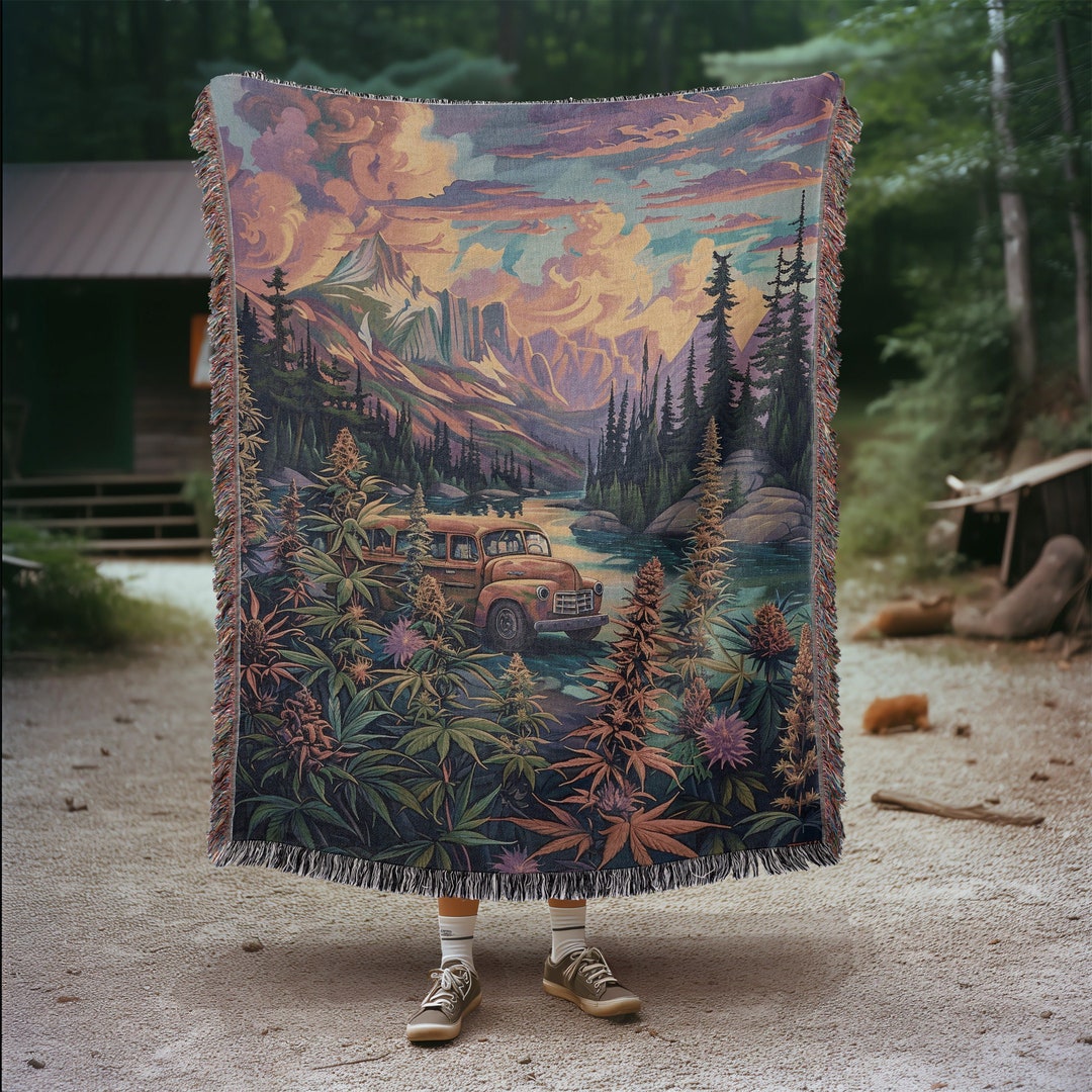 Floral Cannabis View Throw Blanket | Marijuana Plant and Hippie Van ...