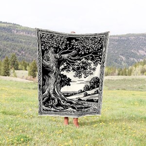 Vintage Woodcut Tree Blanket | Tree of Life Blanket Tapestry and Dark ...