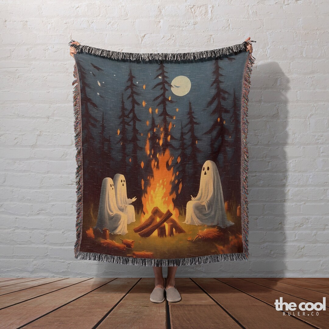 Ghost Camping Throw Blanket: Retro Spooky Season Woven Tapestry, Dark ...