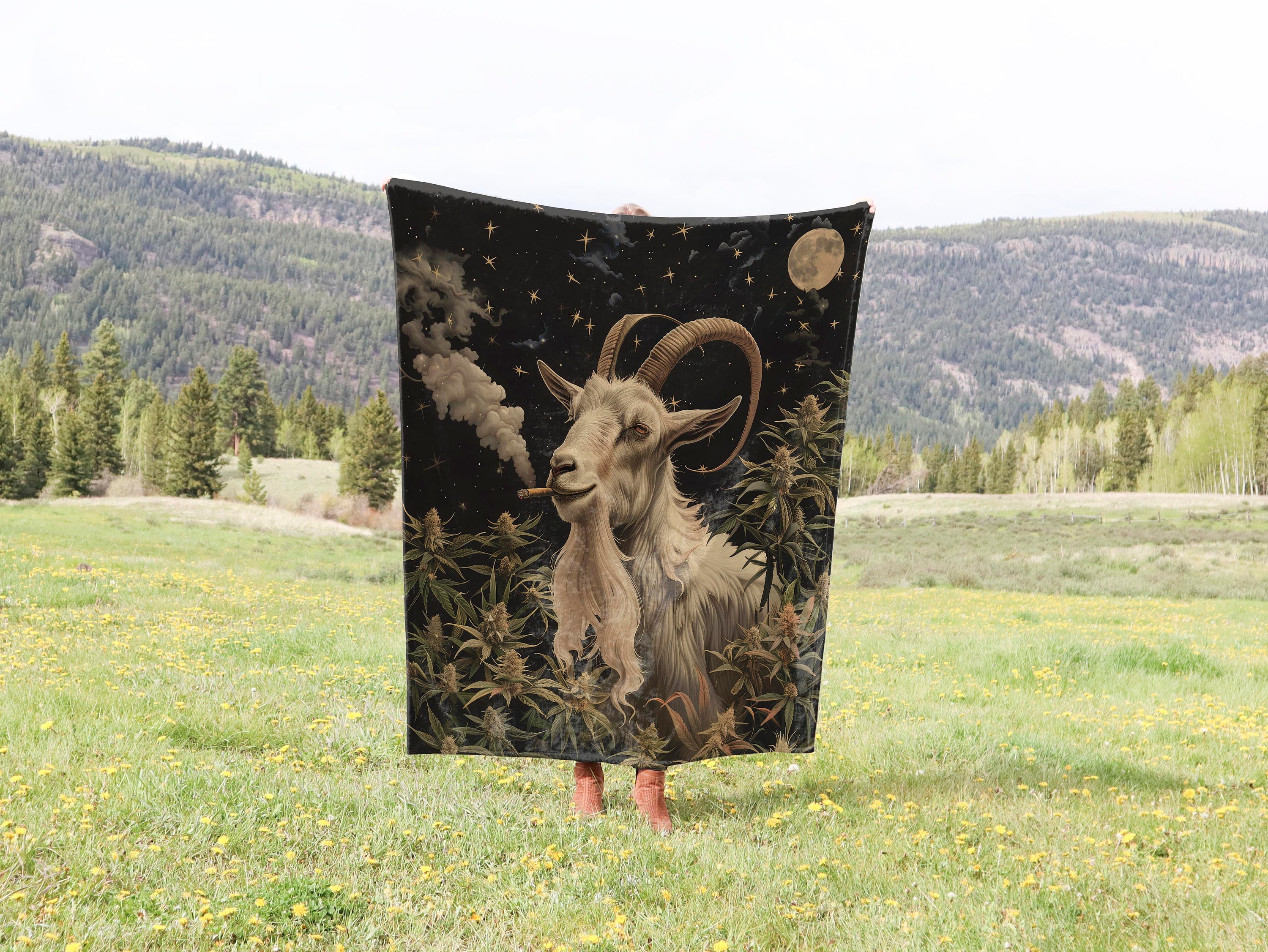 Goat Smoking Weed Throw Blanket | Marijuana Nature Scene and Funny ...