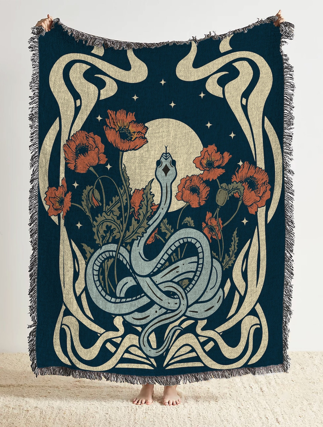 Celestial Snake Woven Blanket: Floral Moon Tapestry, Witchy Occult ...