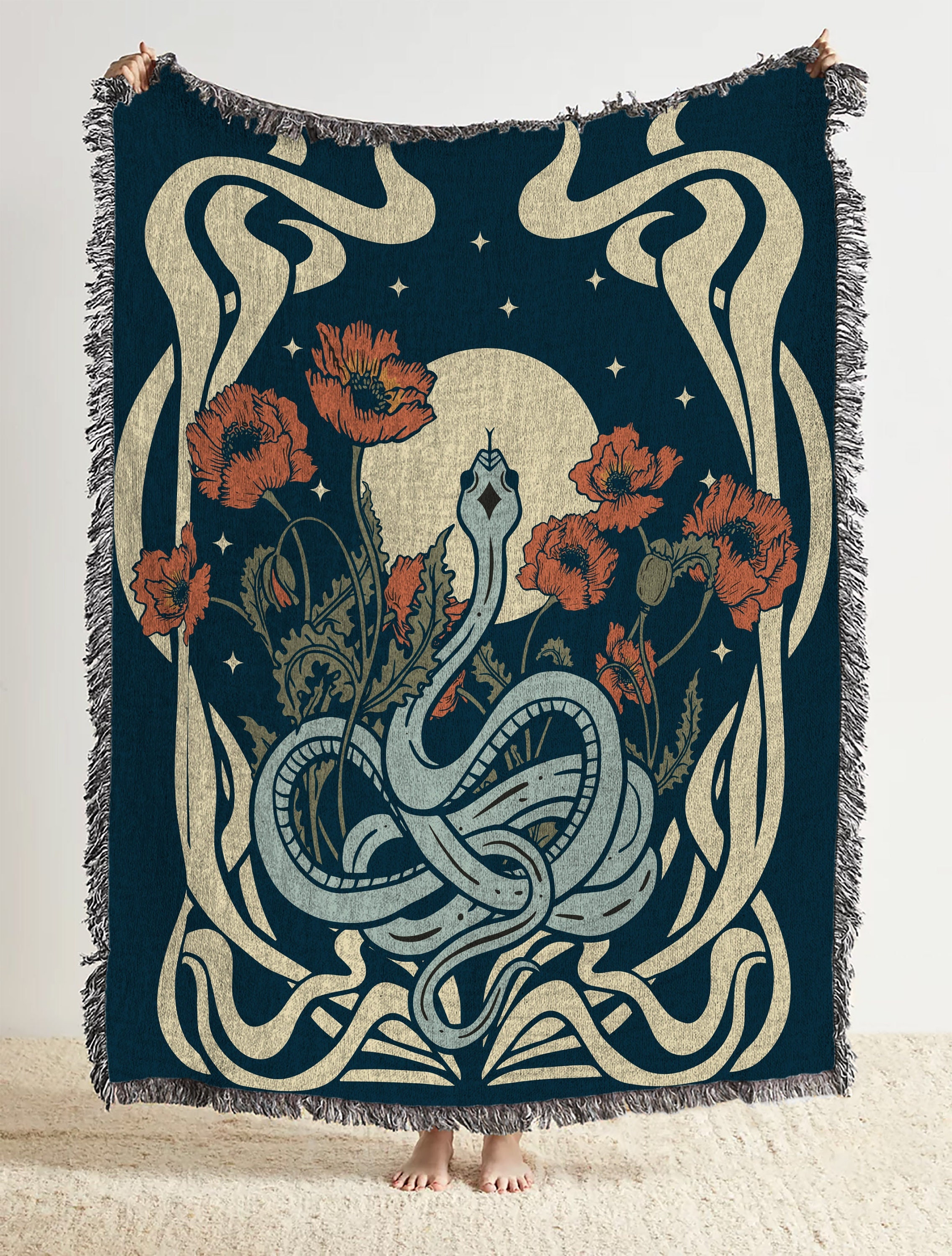 Celestial Snake Woven Blanket: Floral Moon Tapestry, Witchy Occult ...
