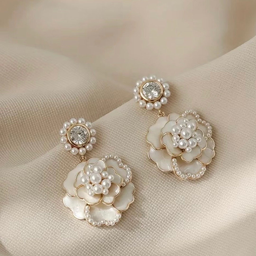 Exquisite Enamel Camellia Design Faux Pearl Decor Dangle Earrings ...