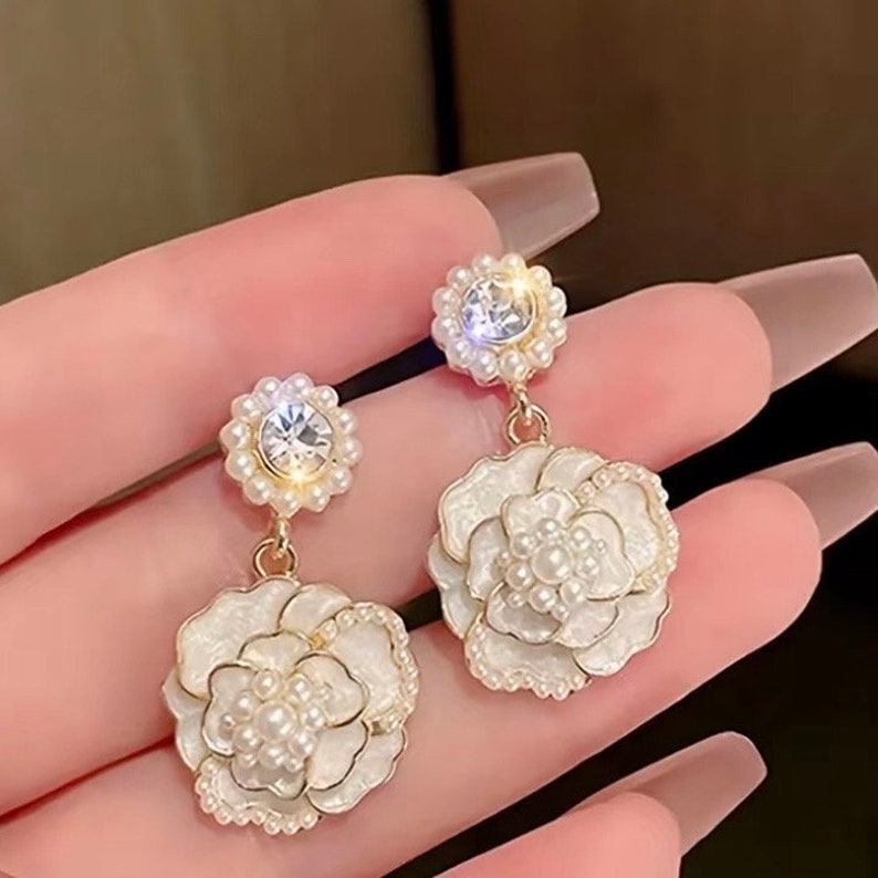 Exquisite Enamel Camellia Design Faux Pearl Decor Dangle Earrings ...