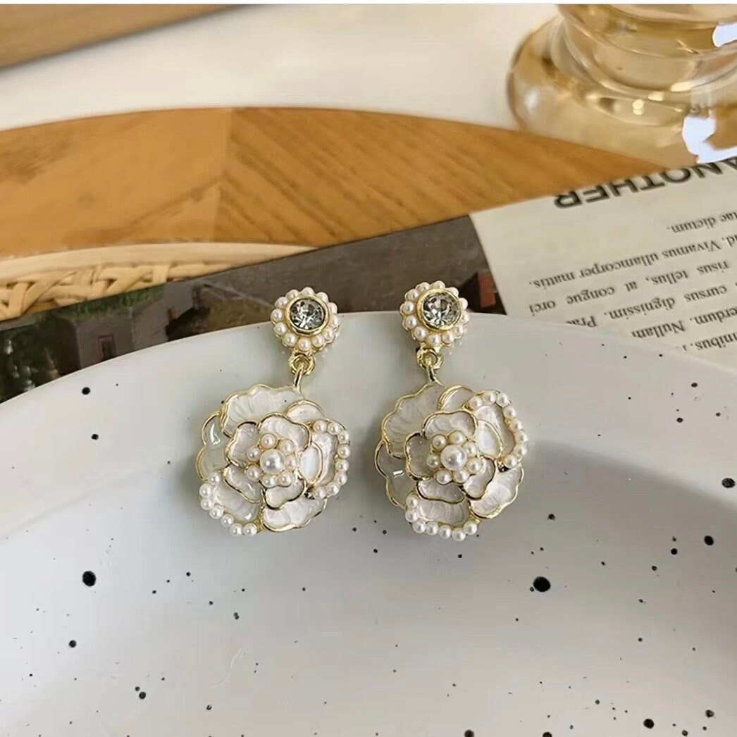 Exquisite Enamel Camellia Design Faux Pearl Decor Dangle Earrings ...