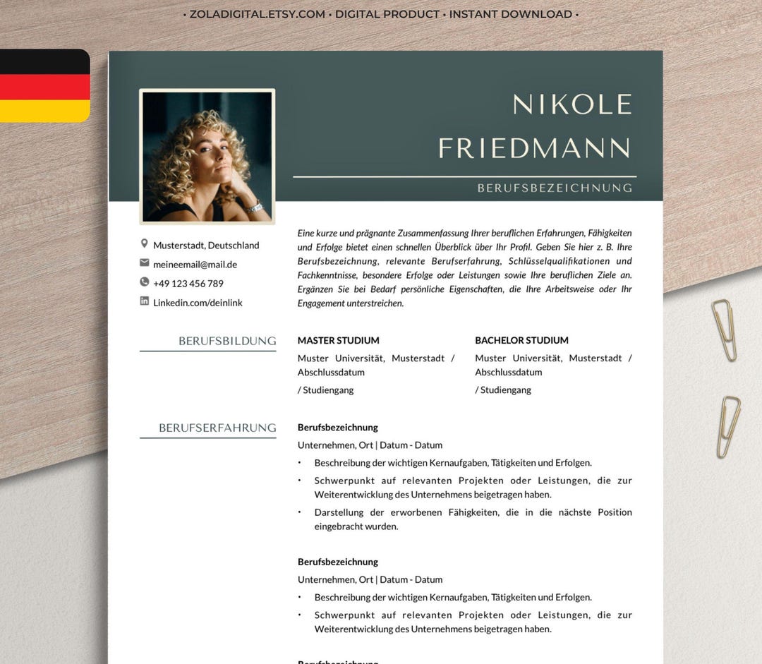 German Resume & Cover Letter Templates | Word Template | A4 Size - Etsy
