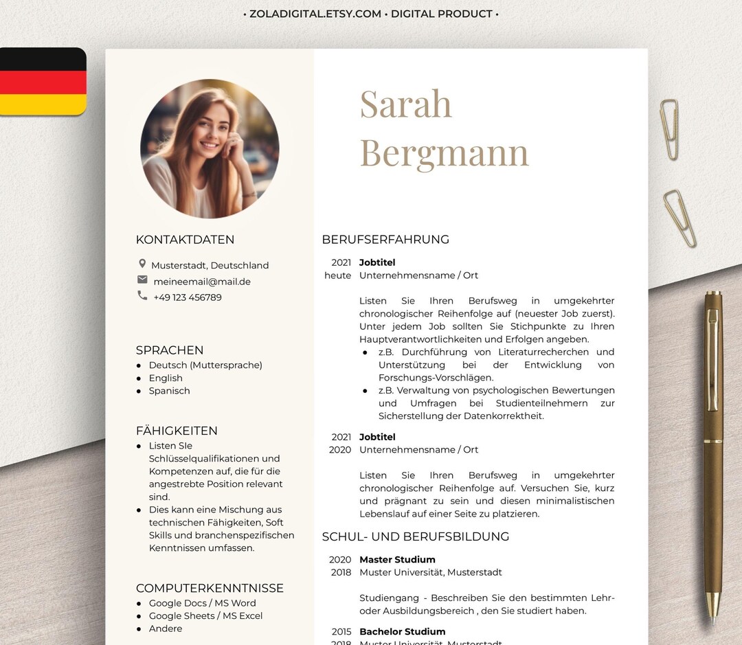 Resume Template German | One Page Resume | Cover Letter Template ...