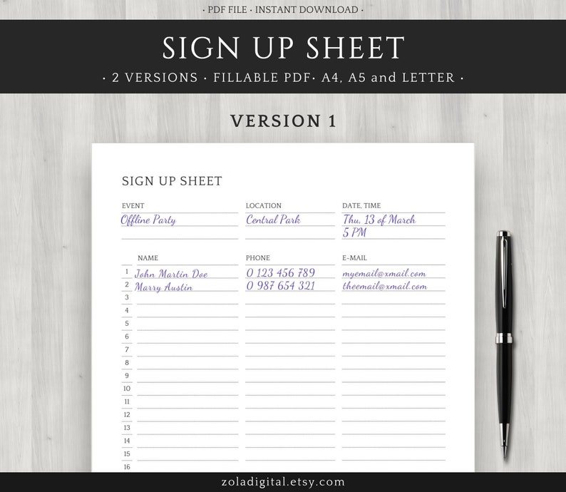 Sign up Sheet Editable PDF. Printable Sign up Template. Phone, E-mail ...